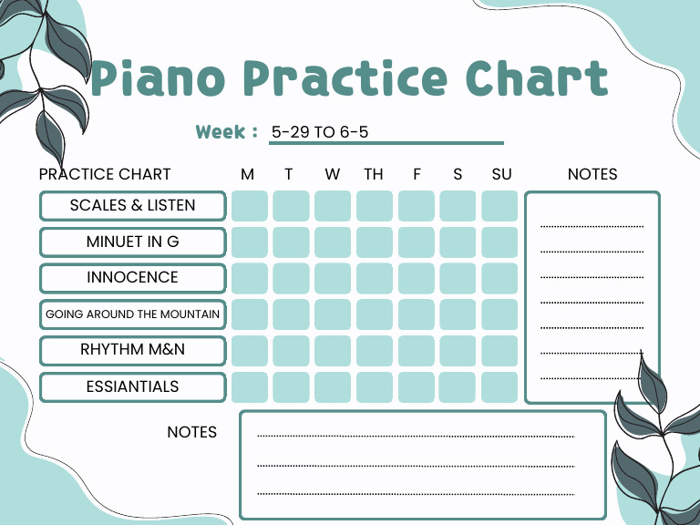 Piano Practice Chart: Week 5-29 to 6-5 | PDF