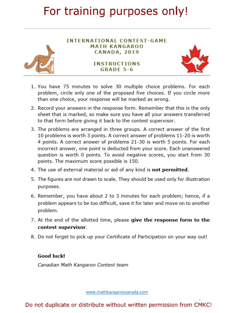International Contest-Game Math Kangaroo CANADA, 2019 Instructions ...