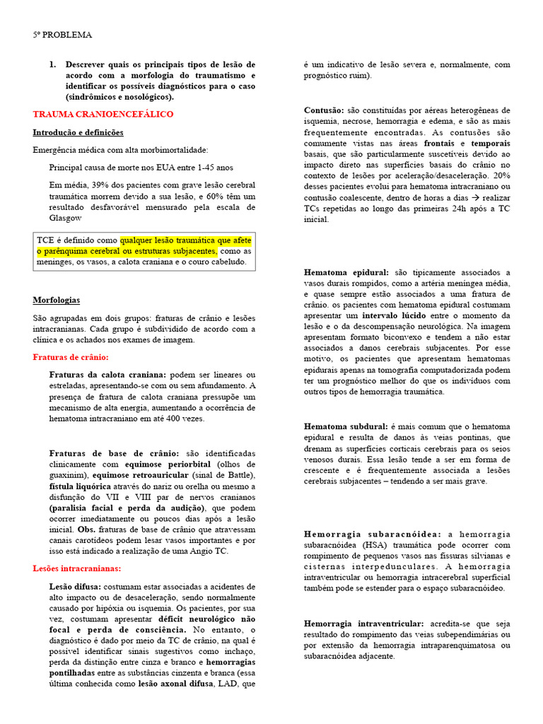 Lesões e Diagnósticos em Trauma Cranioencefálico | PDF | Traumatismo ...