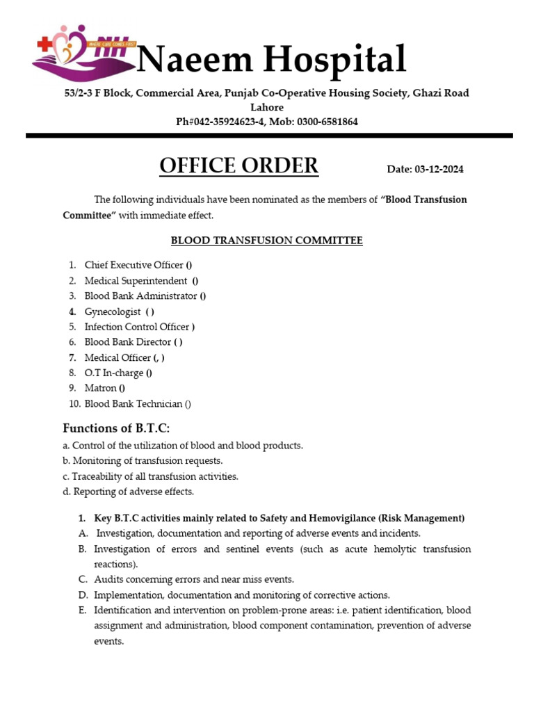 Naeem Hospital Blood Transfusion Committee | PDF | Blood Transfusion ...
