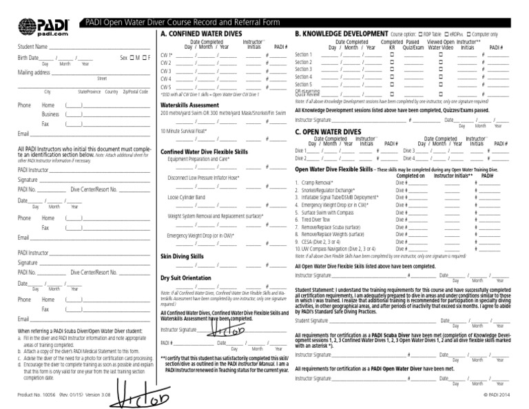 PADI Open Water Diver Certification Form | PDF | Scuba Diving ...