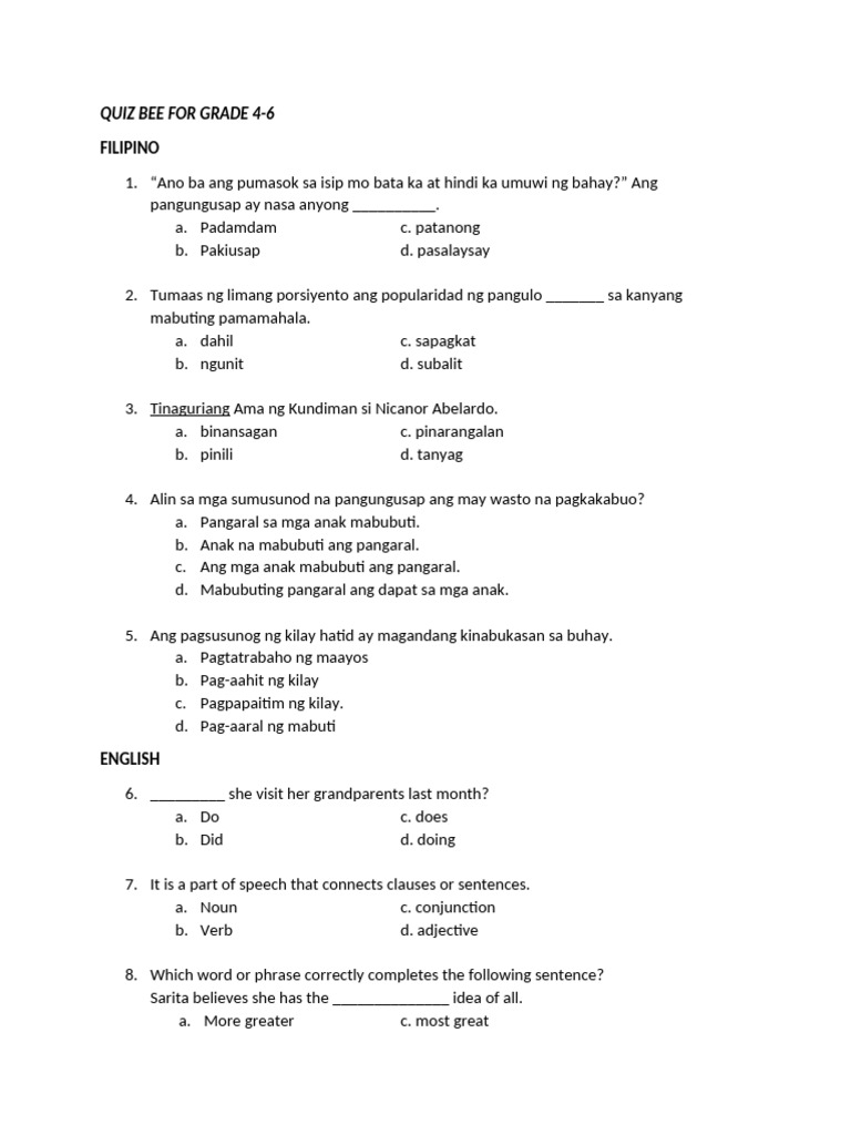Quiz Bee (Grade 4-6) | PDF | English Language | Syntax