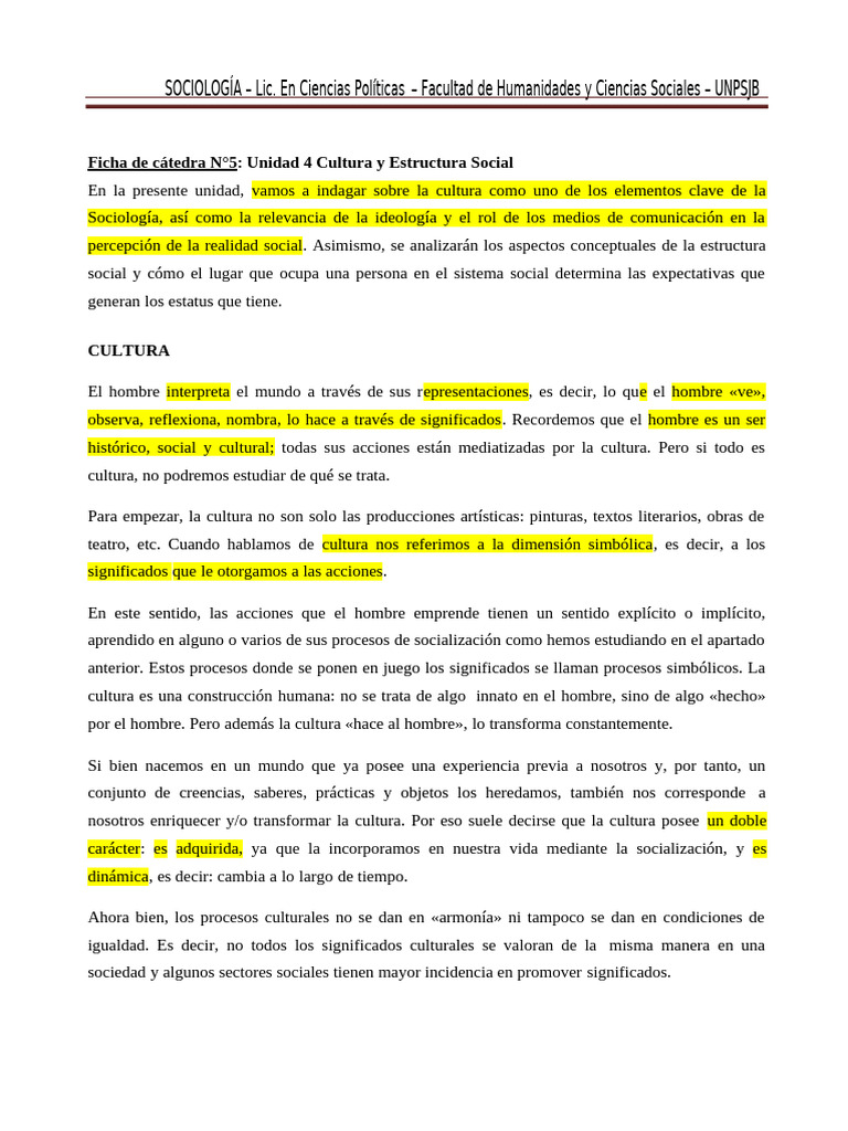 Ficha de Cátedra N°5 UNIDAD 4 Cultura y Estructura Social 2024 | PDF | Estatus social | Sociedad
