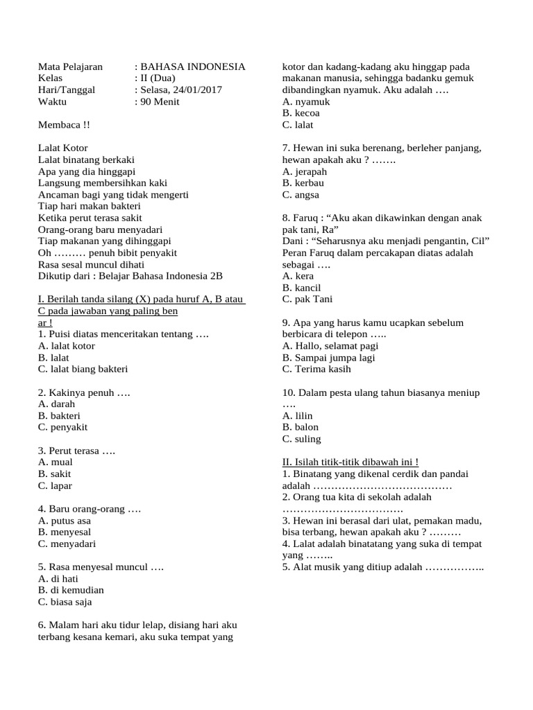 Soal Uts B.ind Kelas 2 Sem 2 | PDF