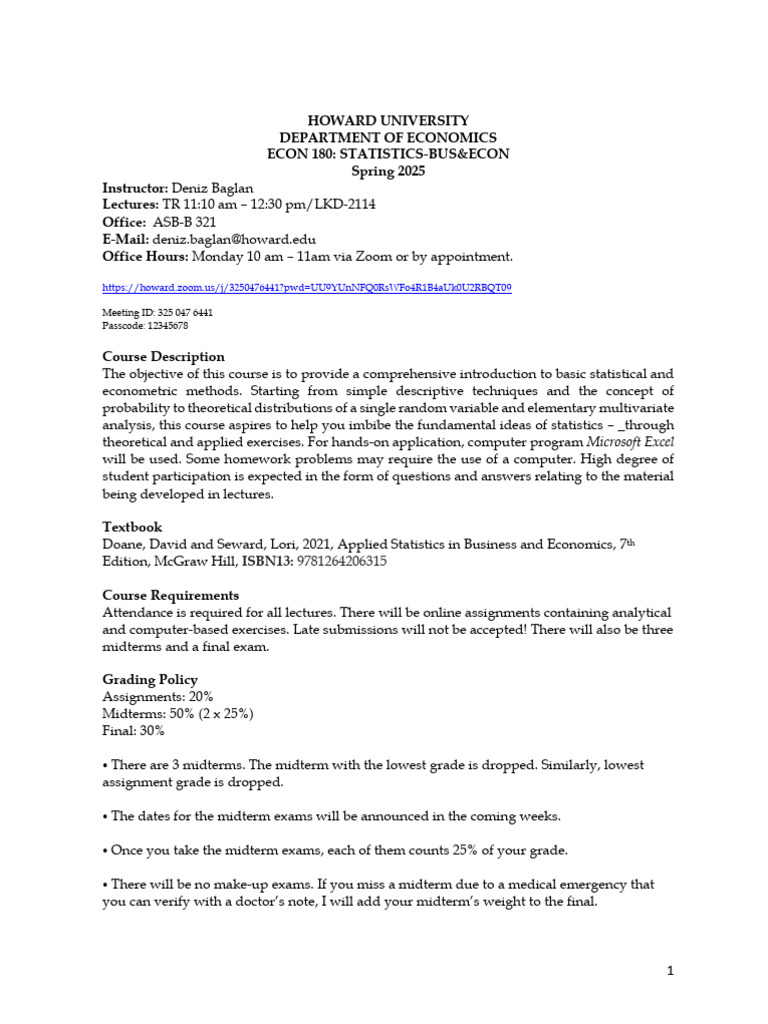 Statistics Course Syllabus for ECON 180 | PDF | Probability ...