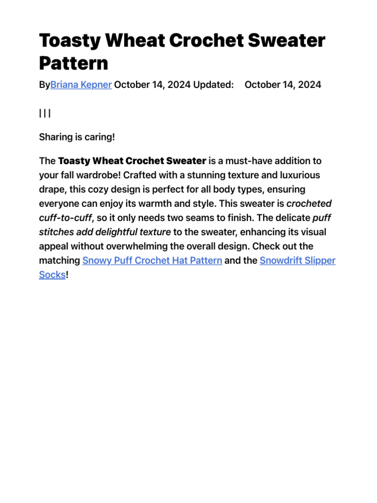 Toasty Wheat Free Crochet Sweater Pattern - With Video Tutorial | PDF ...