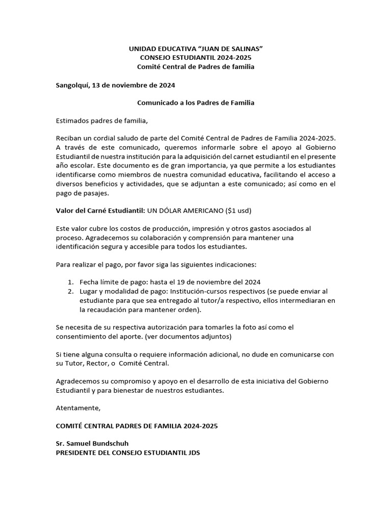 COMUNICADO-CARNET ESTUDIANTIL-JDS | PDF