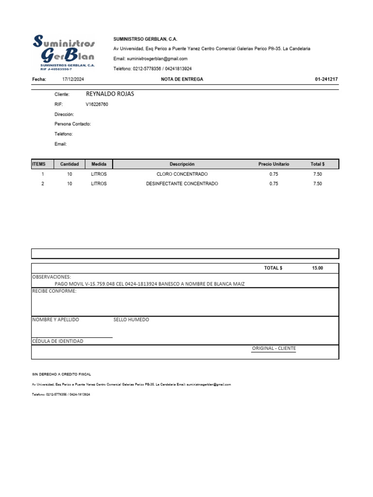 NOTA de ENTREGA_Reinaldo Rojas _Clayred | PDF