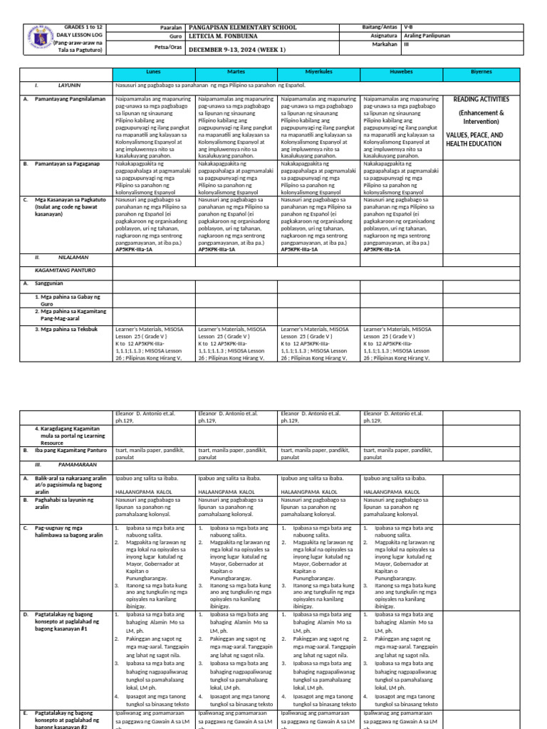 Grade 5 DLL Araling Panlipunan 5 Q3 Week 1 | PDF