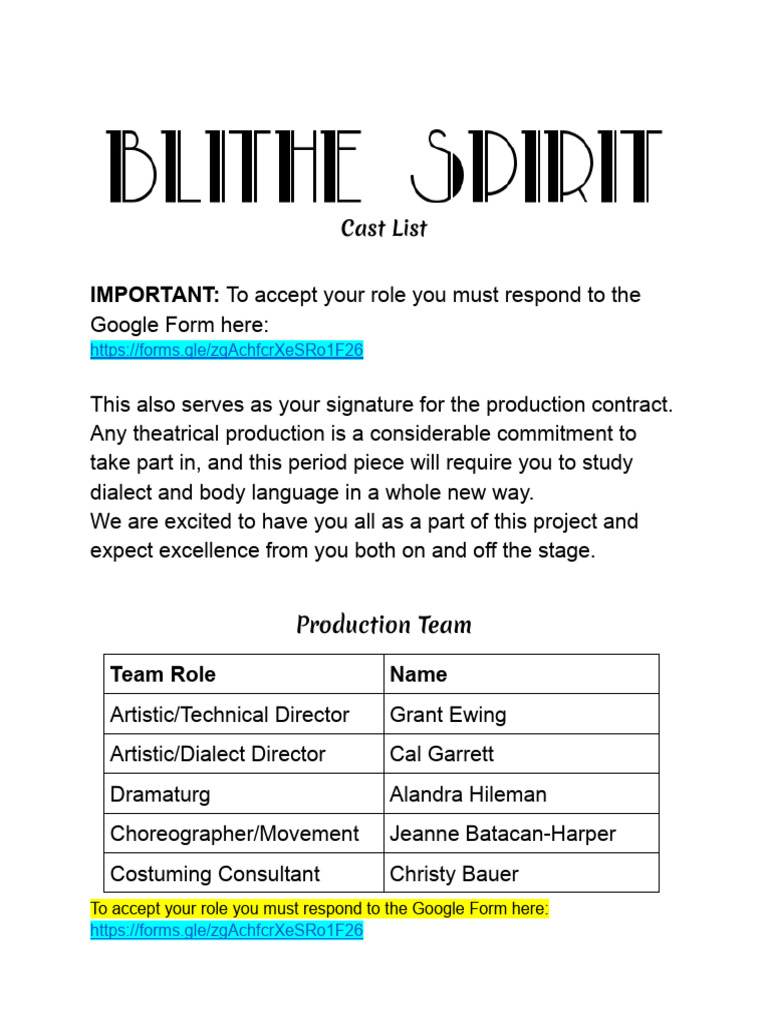 Blith Spirit Cast List - NMHS Drama 2024-2025 | PDF | Religious Belief ...