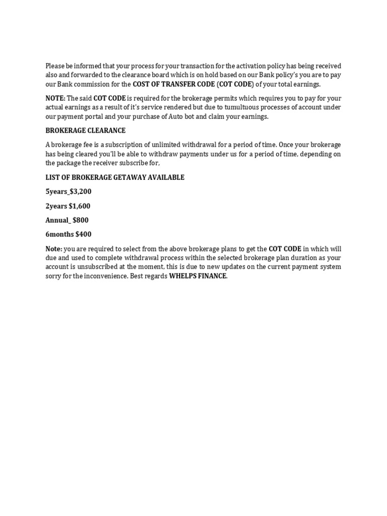 BANK BROKERAGE AND COT CODE | PDF