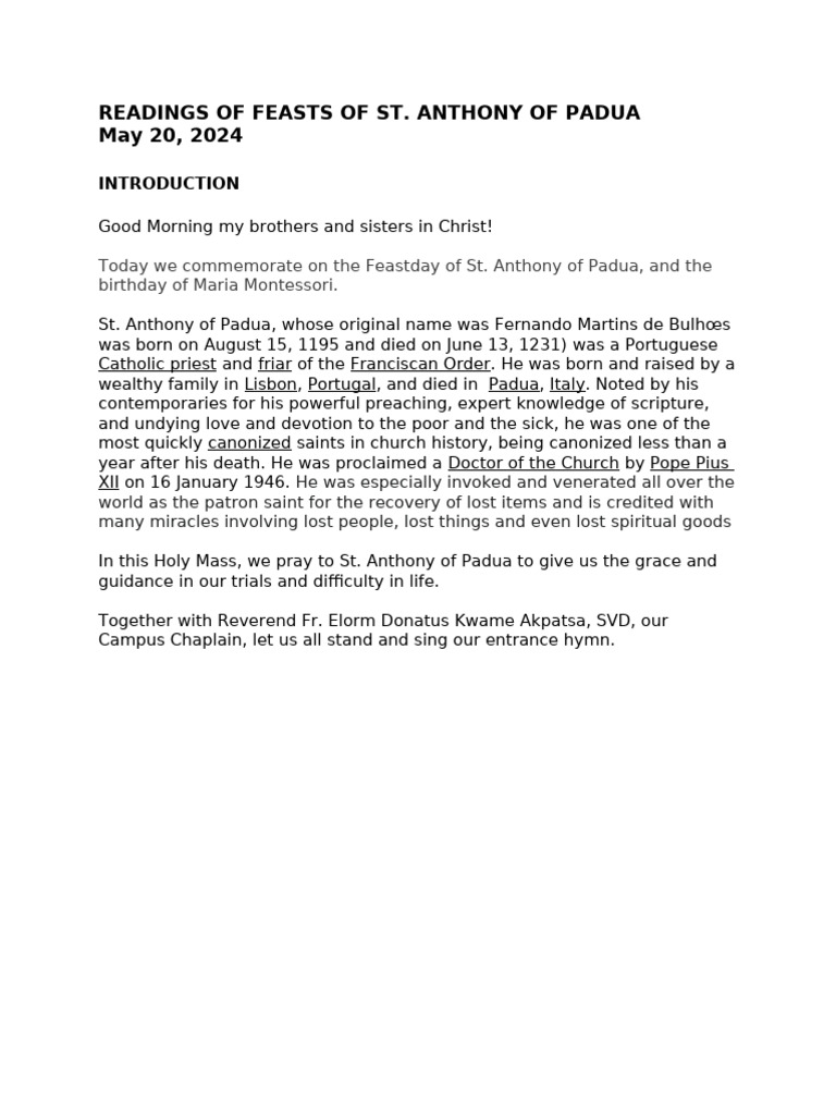 Readings of Feasts of St. Anthony of Padua | PDF