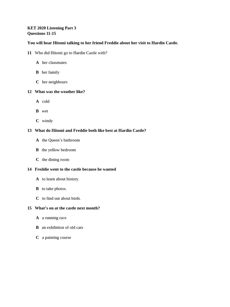 KET 2020 Listening Part 3 IV | PDF