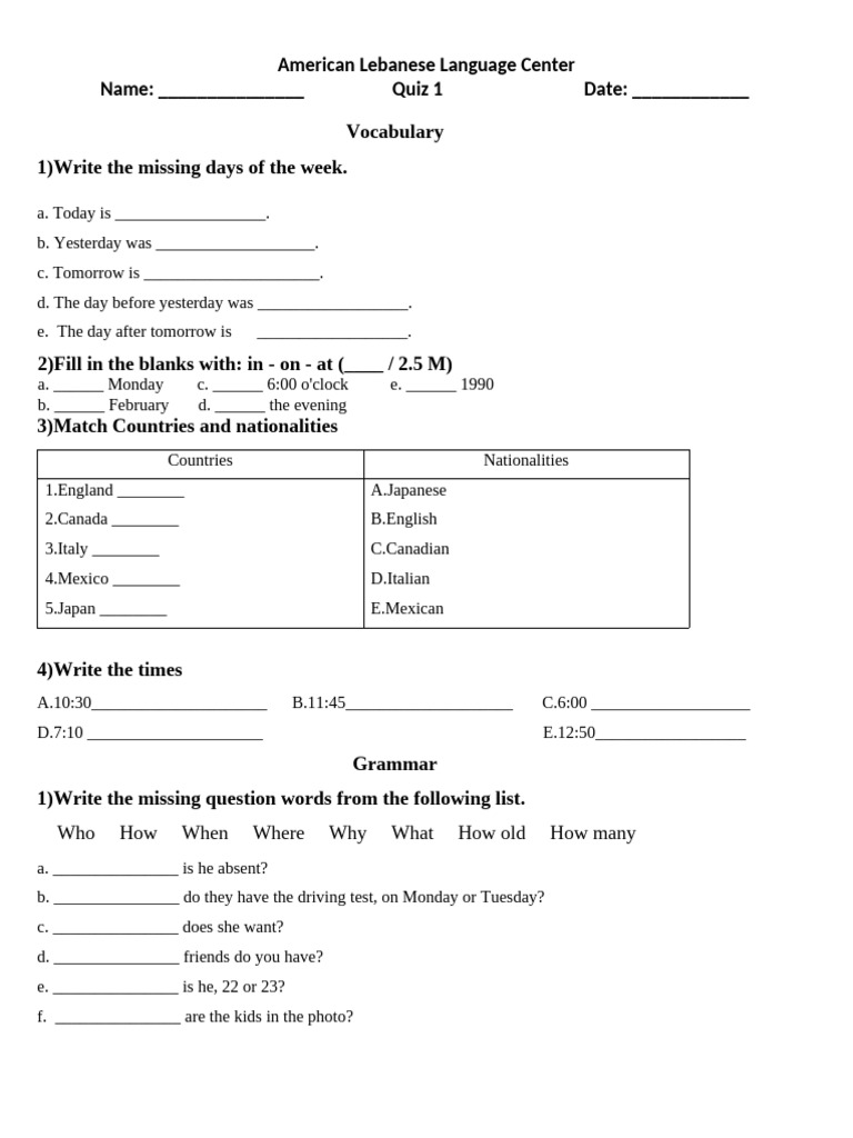 Beginner 2 Quiz 1 | PDF