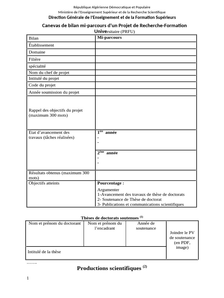 Canevas Bilan Mi-Parcours Projets Prfu | PDF