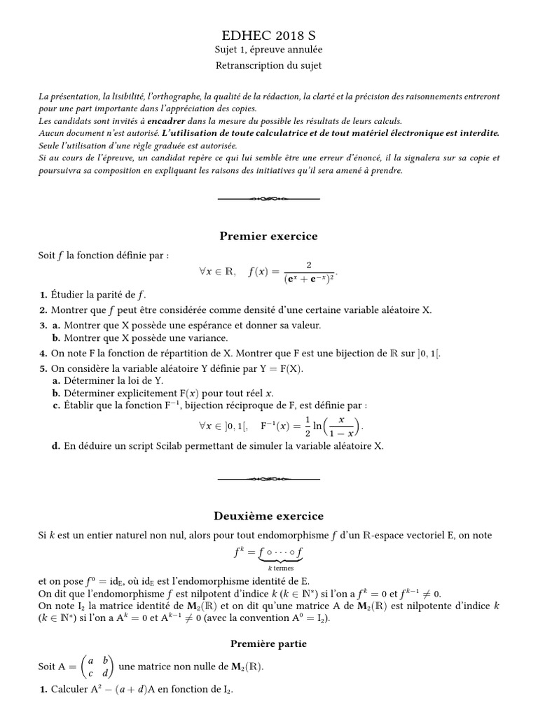 2018 Edhec1 Sujet | PDF | Mathématiques | Objets mathématiques