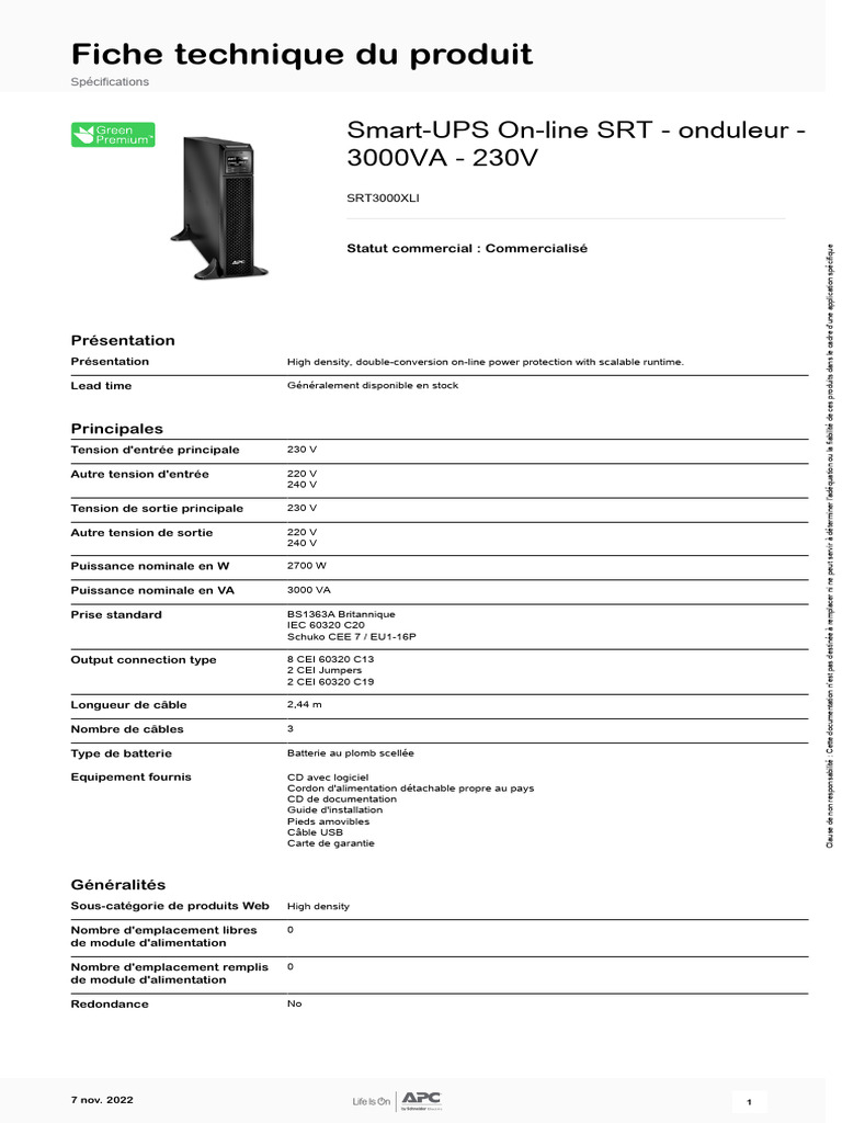 Onduleur APC 3000VA Rackable SRT | PDF | Électrotechnique