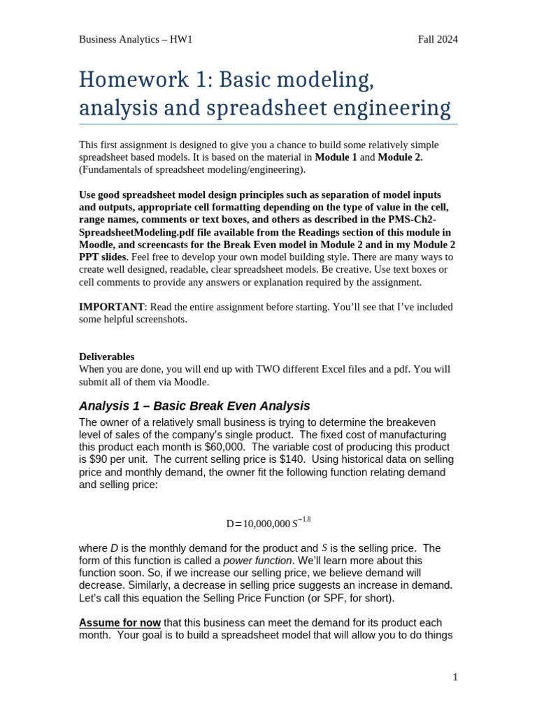 Ba hw1 BasicModeling f24 | PDF | Microsoft Excel | Spreadsheet