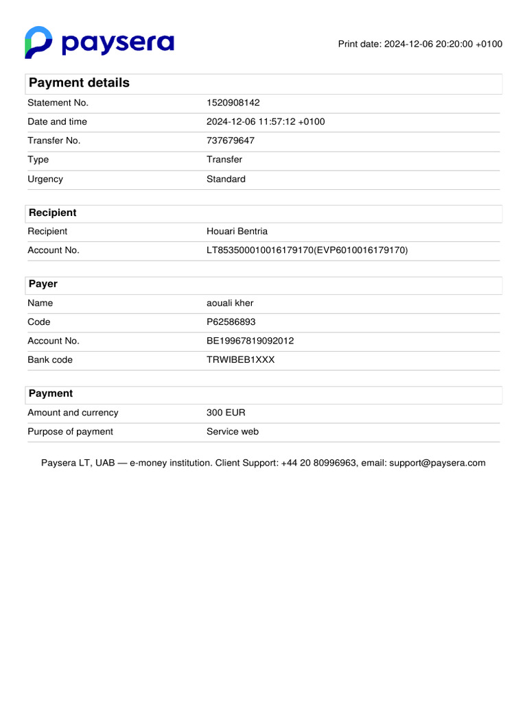 Payment Transfer Statement 2024 | PDF