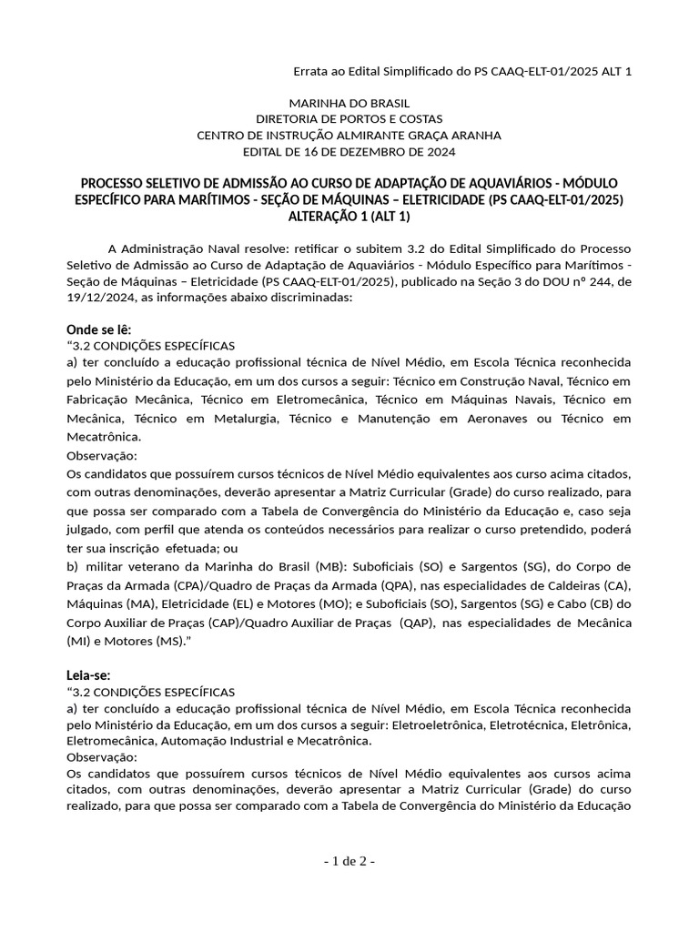 ERRATA 1-Edital Simplificado PSCAAQ-ELT-01-2025 ALT 1 - 0 | PDF