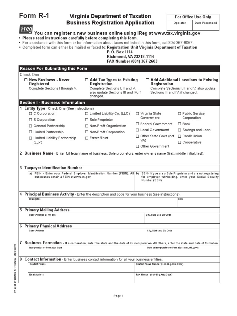 Form R-1 - VA Department of Taxation Business Registration Application ...