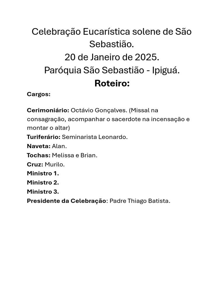 Roteiro Missa Solene São Sebastião. 20:01 | PDF | Eucaristia | Liturgia católica