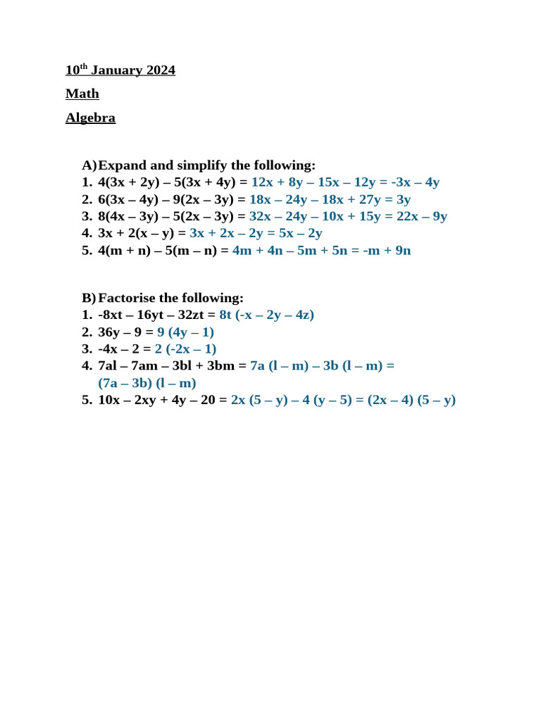 10th January 2024 Math Algebra Simplifying Algebraic Expressions | PDF
