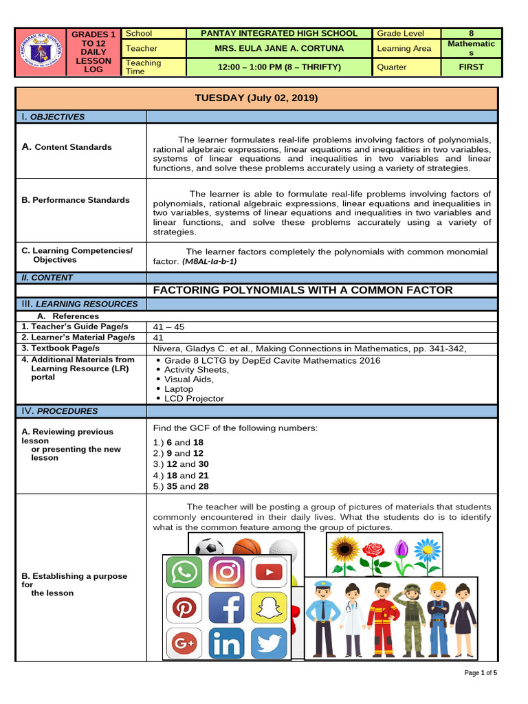 Math 8-Q1-Factoring | PDF | Equations | Variable (Mathematics)