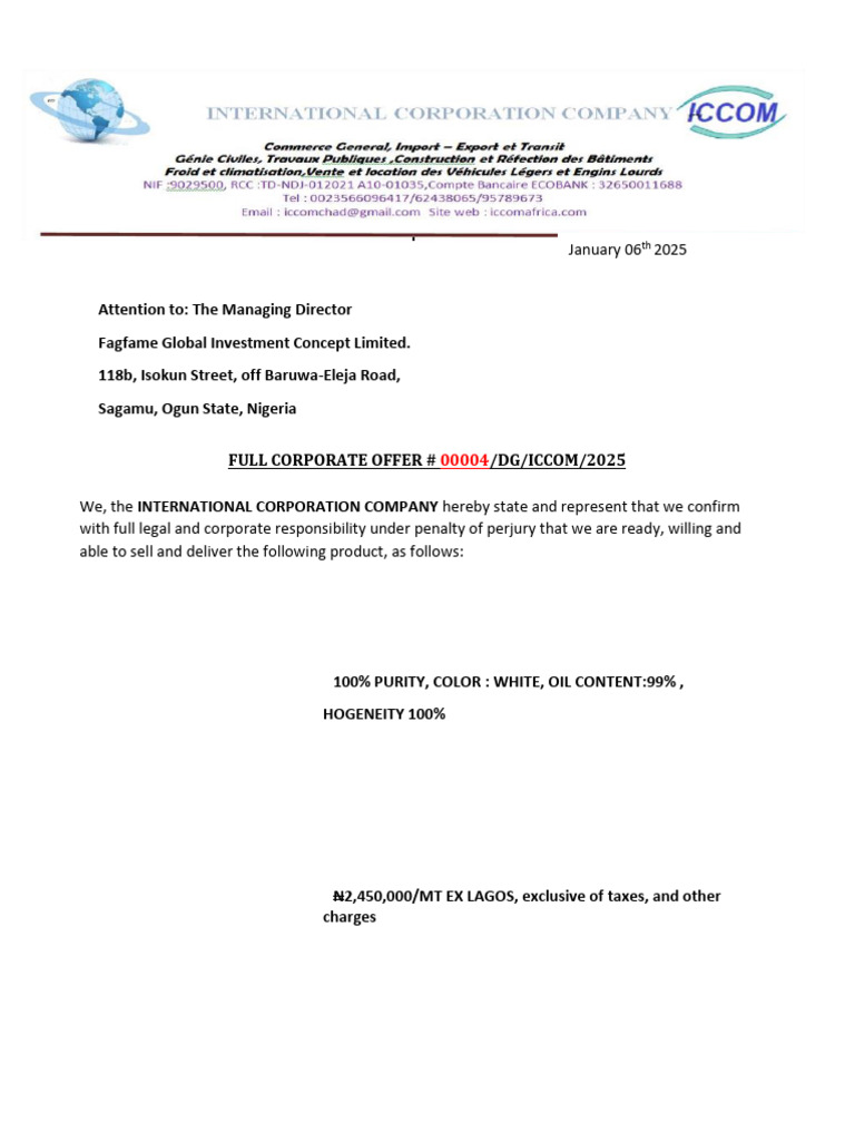 Sesame Export Offer from Chad | PDF | Receipt | Letter Of Credit