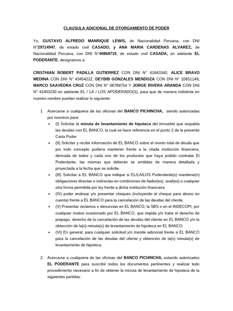 Clausula Adicional de Otorgamiento de Poder | PDF | Bancos