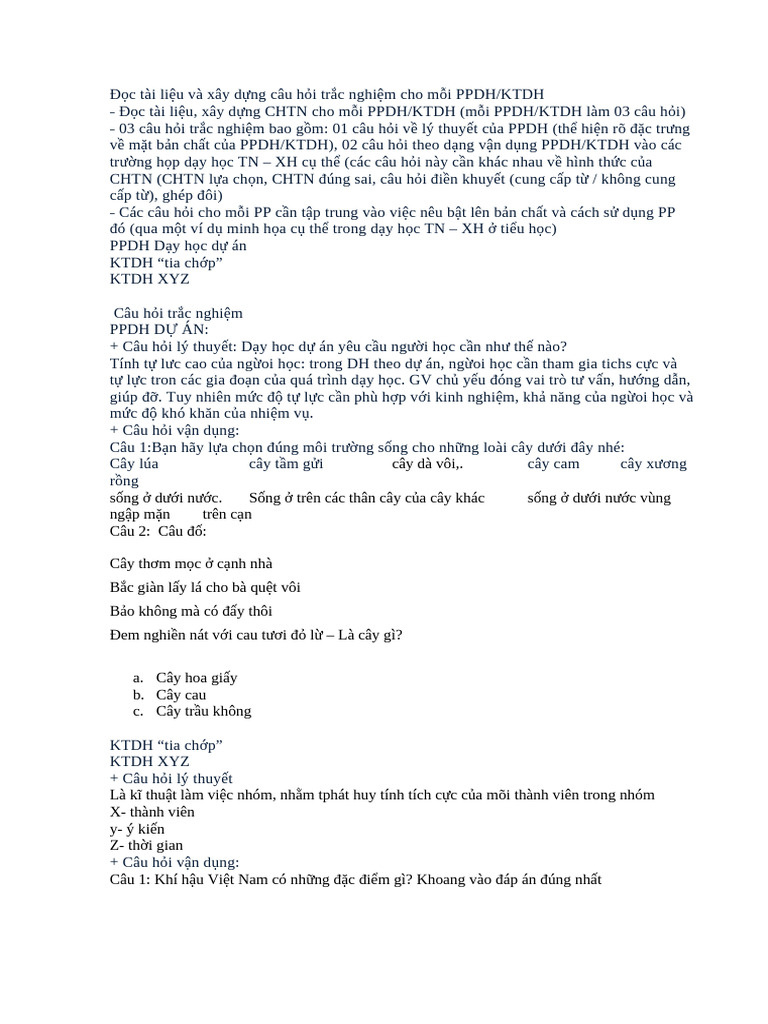 Đọc tài liệu và xây dựng câu hỏi trắc nghiệm cho mỗi PPDH | PDF