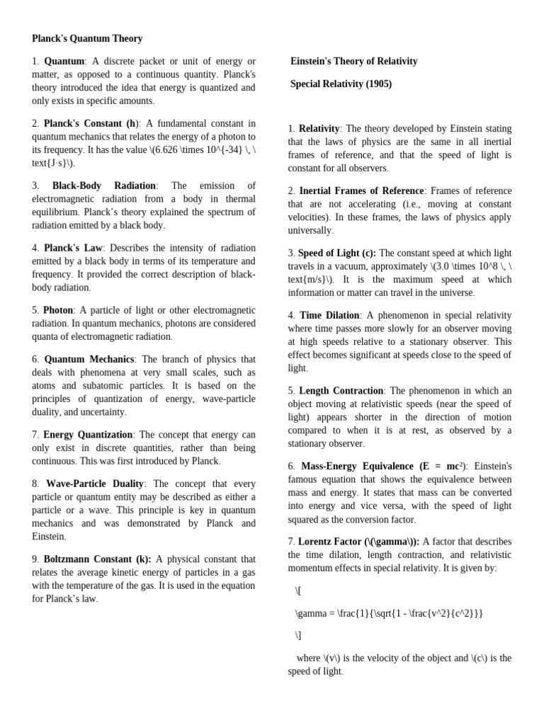 Planck's Quantum Theory & Einstein's Theory of Relativity | PDF ...