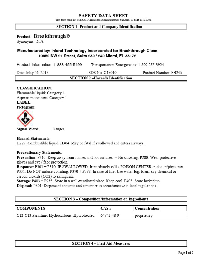 Breakthrough - SDS - Tanque de Limpeza Partes Metálicas | PDF ...