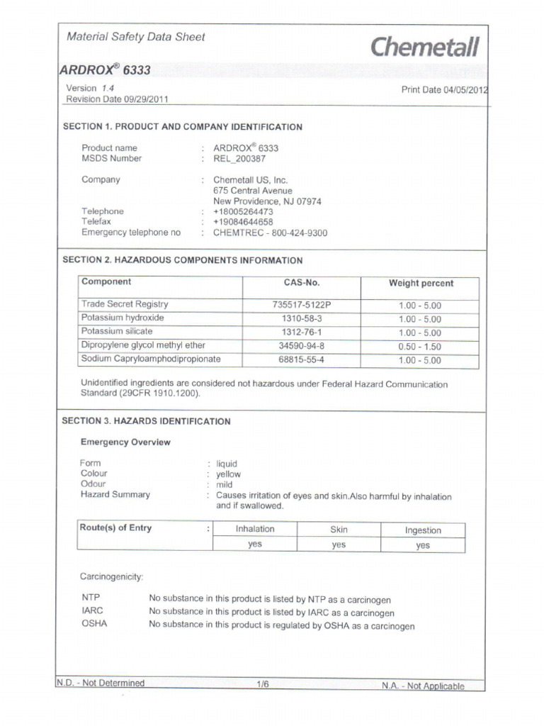ARDROX-6333-MSDS - Tanque de Limpeza. | PDF