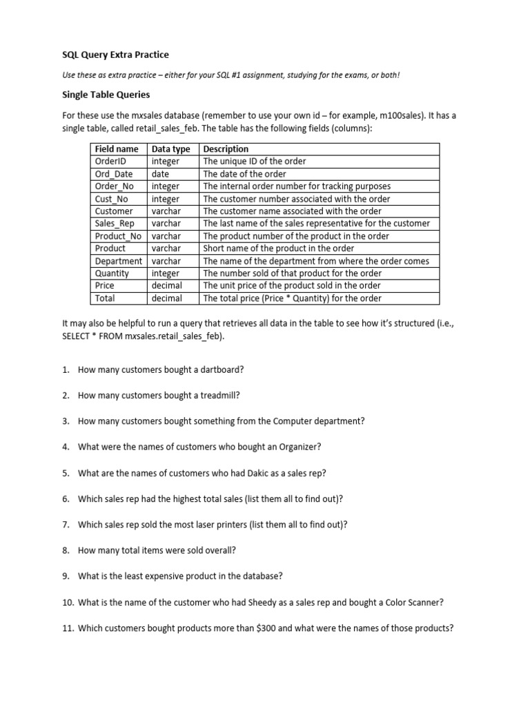 Extra Practice Problems For SQL | PDF | Table (Database) | Sql