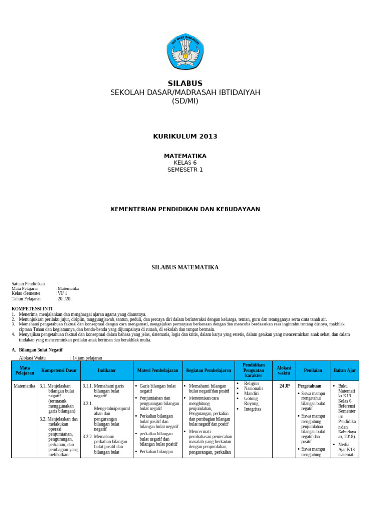 Silabus Matematika KELAS 6 SEM 1 | PDF