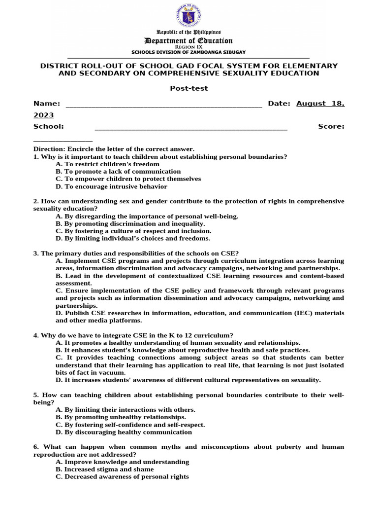 Comprehensive Sexuality Education Test | PDF | Sex Education | Human ...