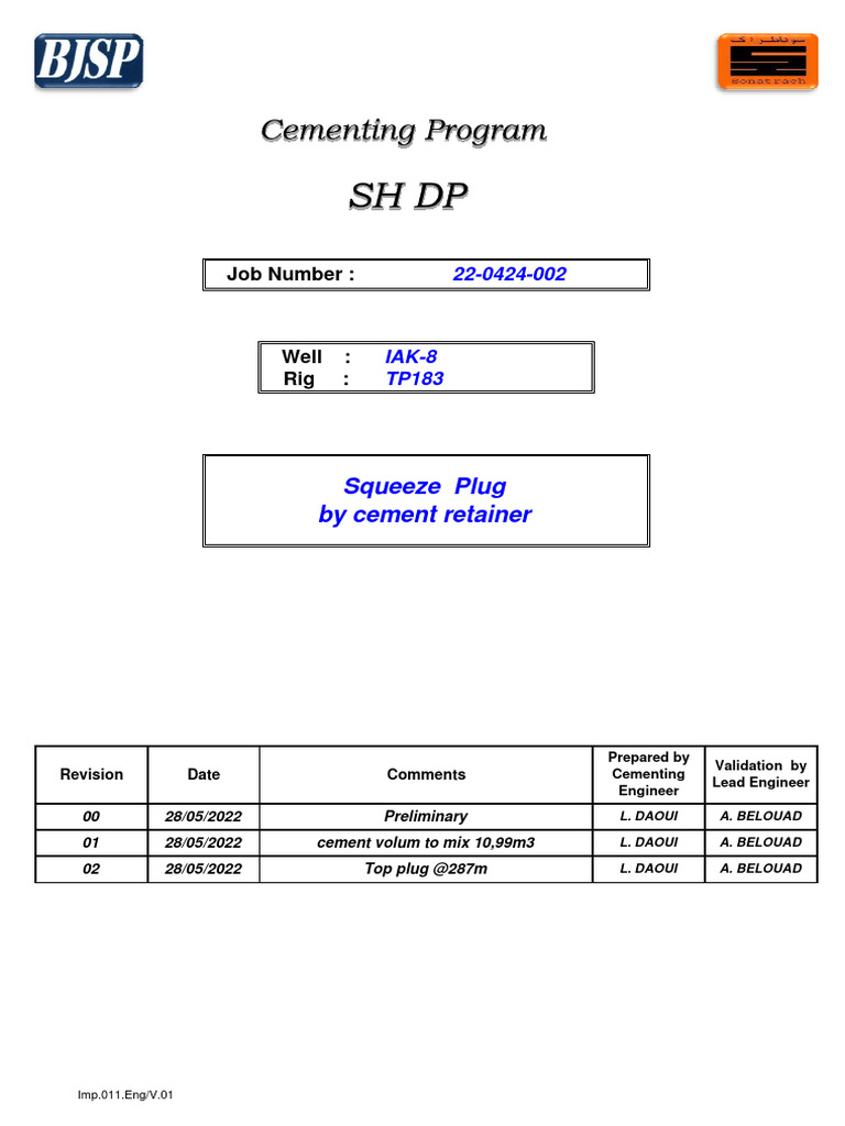 Squeeze Plug IAK-8 TP183 (Rev 02) | PDF | Casing (Borehole)