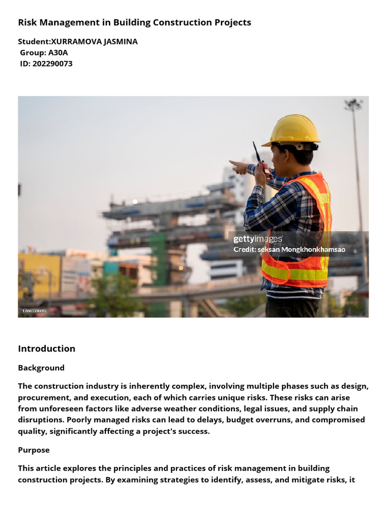 Risk Management In Building Construction Projects Pdf Risk