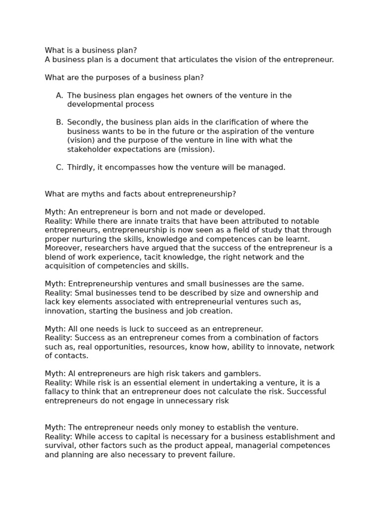 Understanding Business Plans and Myths | PDF