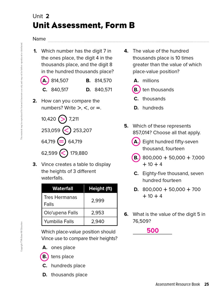 4-02 Printable Unit Assessment, Form B Answers - Generalize Place-Value ...