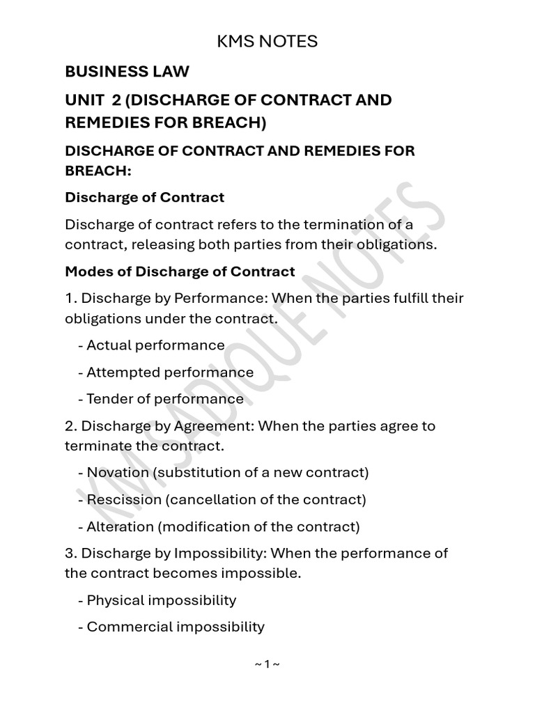 Business Law - Unit 2 (Discharge of Contract and Remedies For Breach ...