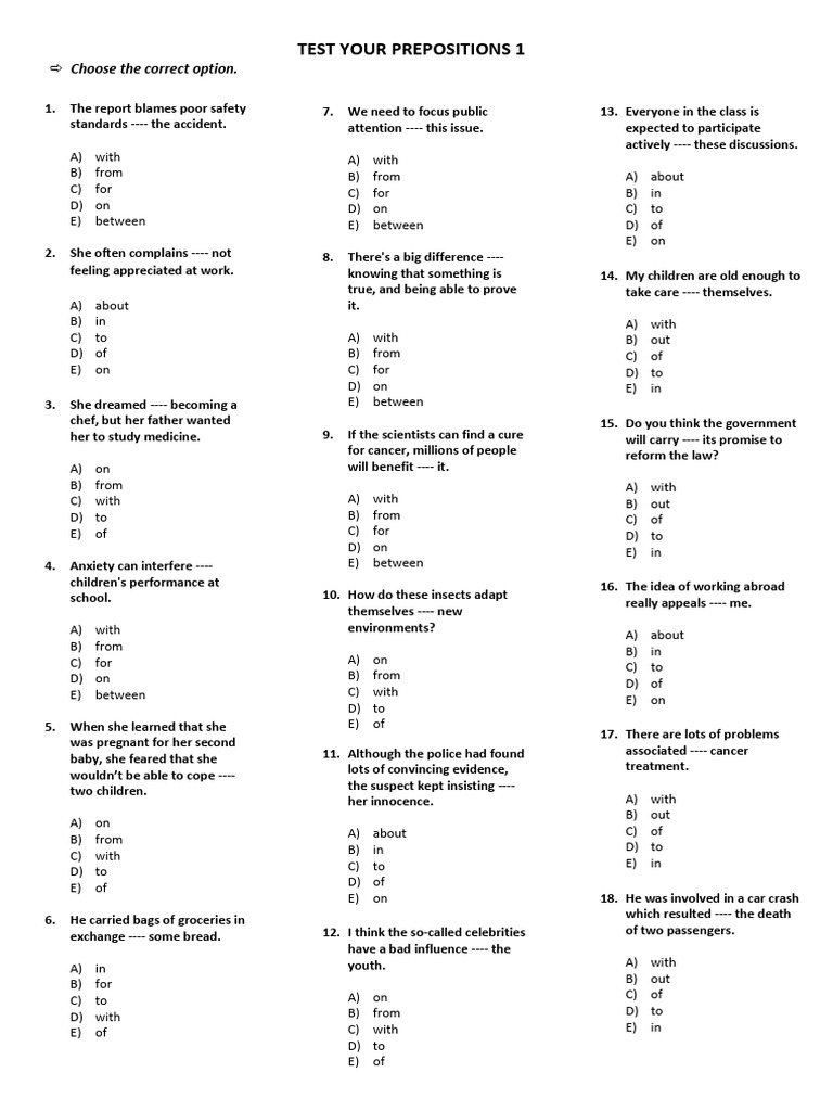 Master Your Prepositions Test 1 | PDF