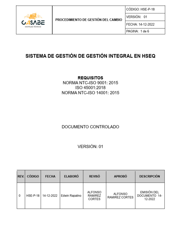 HSE-P-18 Procedimiento Gesti¢n del cambio | PDF | Planificación | Aprendizaje