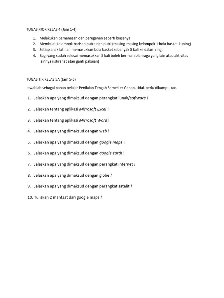 TUGAS PJOK Kelas 4 Dan TIK Kelas 5a | PDF