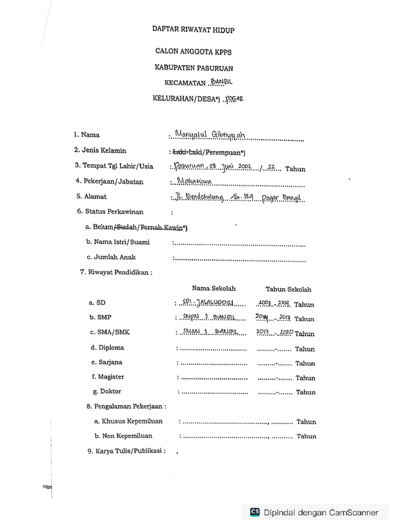 Daftar Riwayat Hidup Calon Anggota KPPS | PDF