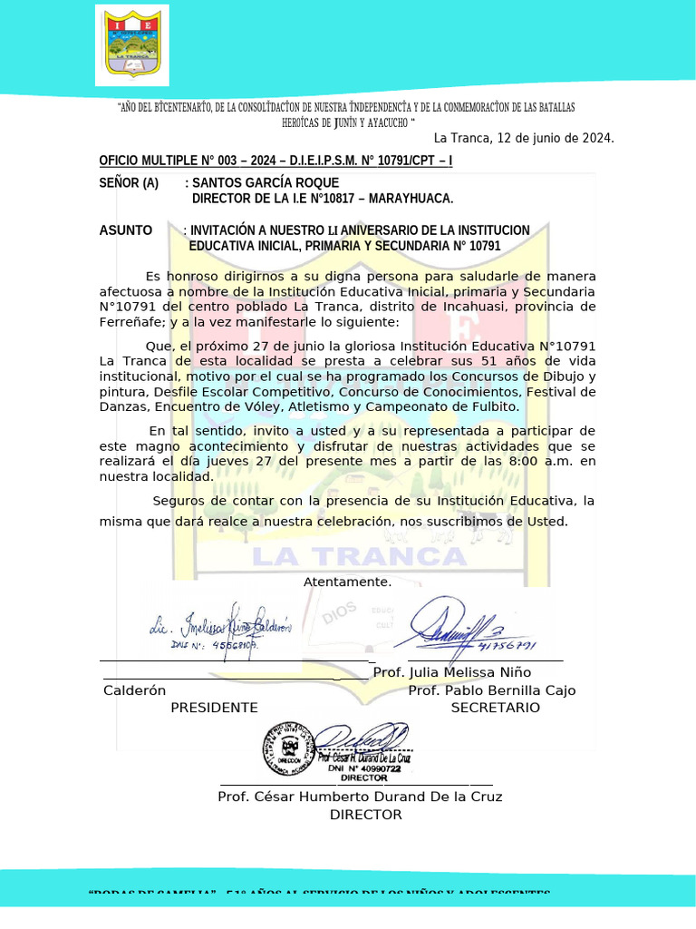 51° Aniversario I.E. N°10791 La Tranca | PDF | Sustracción | Educación ...