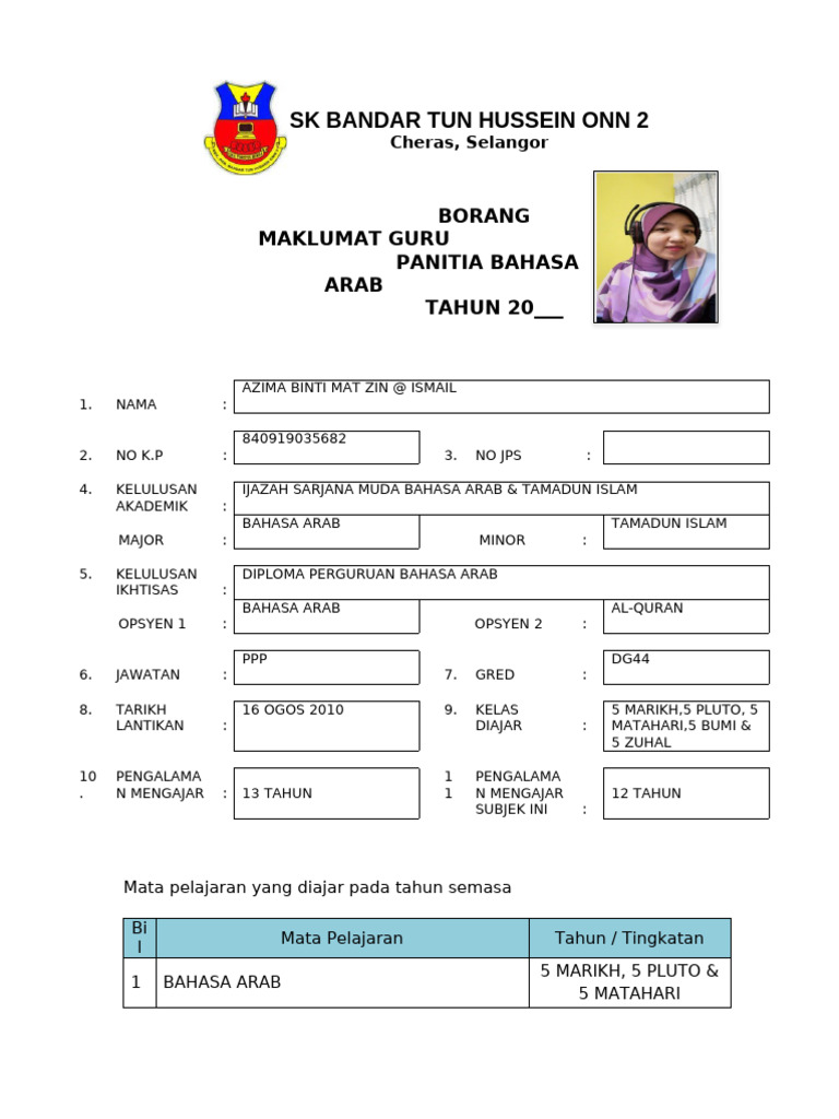 AZIMA-Borang Maklumat Guru Panitia Bahasa Arab | PDF