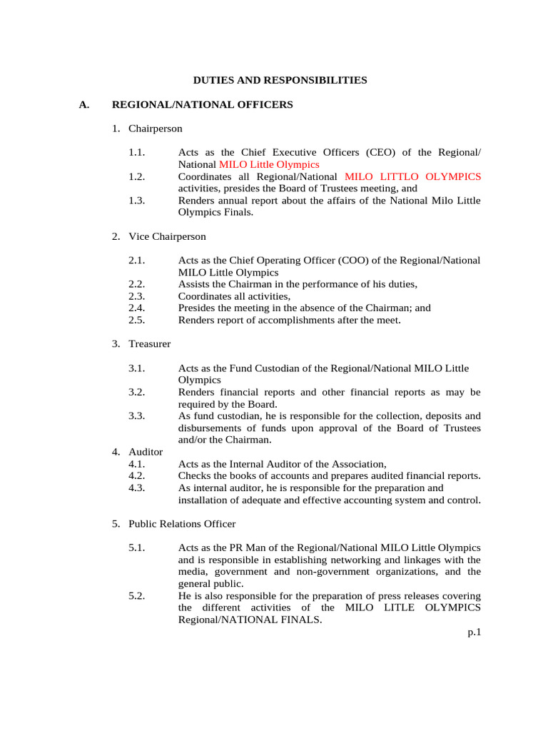 Duties of MILO Little Olympics Officials | PDF | Sports | Chief ...