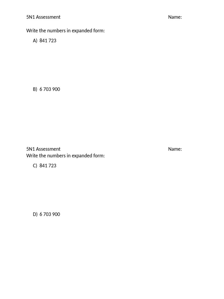 5N1 Expanded Form Quiz (2 Questions) | PDF